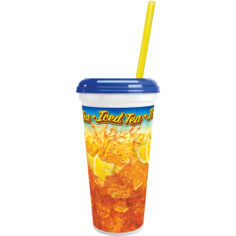 32oz Souvenir Cup Iced Tea Design with Blue Lid and Yellow Straw 200cs